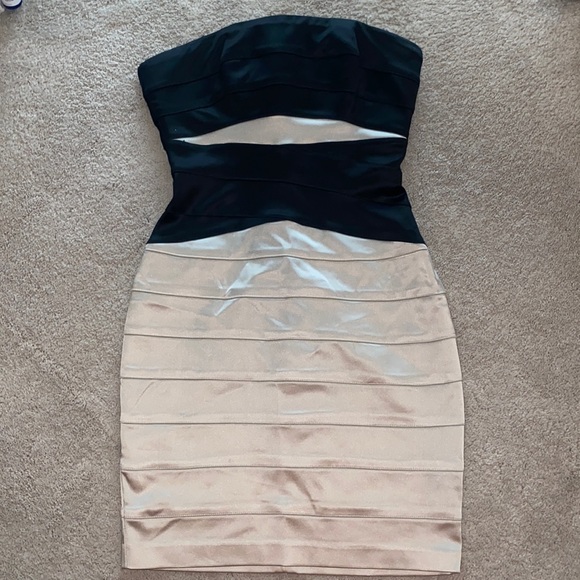 bebe | Dresses | Bebe Light Gold And Black Strapless Corset Dress ...